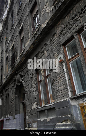 Budapest, Hungary, ramshackle old building facade in the district ...