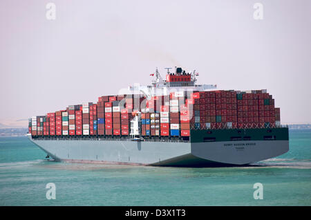 Container ship exiting the southern end of the Suez Canal and entering the Red Sea Stock Photo ...