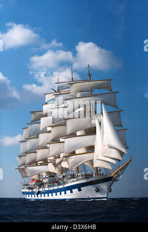 Tall ship Royal Clipper of Star Clippers under full sail, with crew ...