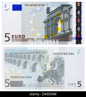 Front and back side of the Five Euro bank note and Euro coin Stock ...