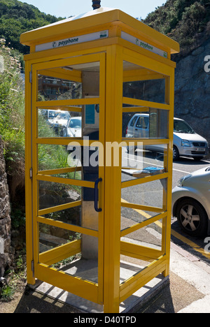 Public yellow telephone boxes in the centre of St. Helier, Jersey Stock ...