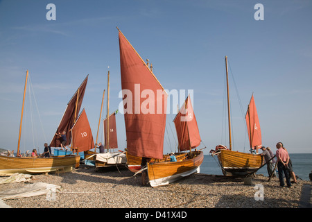 Beer Luggers on Beer beach making ready for sail, Devon, England Stock ...