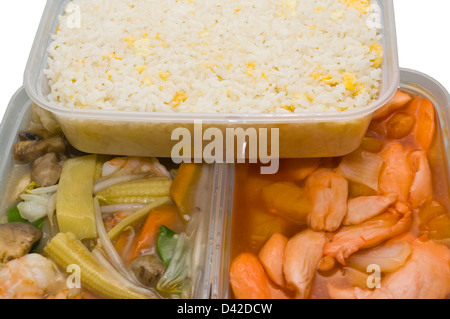 Chinese take-away food in styrofoam box: Fried rice sweet and sour with ...
