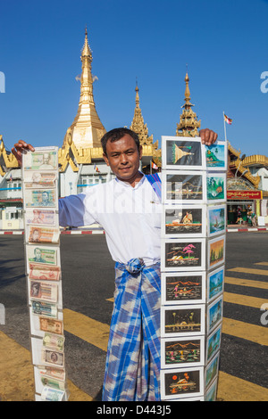 Myanmar, Yangon, Sule Pagoda, Souvenir Postcard and Banknote Vendor ...
