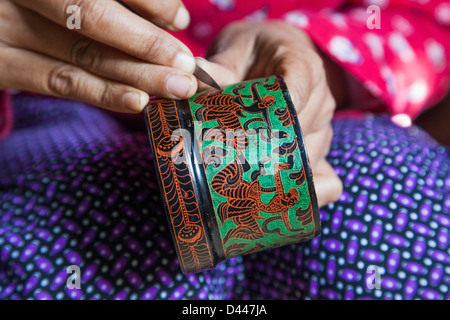 Myanmar, Bagan, Lacquerware Maker, Detail of Lacquerware Carving Stock ...