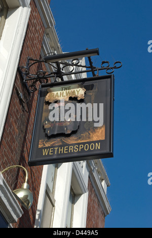 pub sign for the railway, part of the wetherspoon pub chain, in putney ...