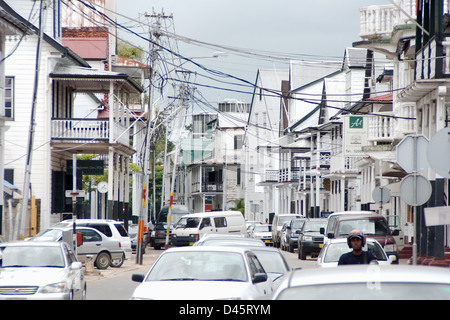 The white timbered Dutch colonial buildings Paramaribo, Surinam Stock ...