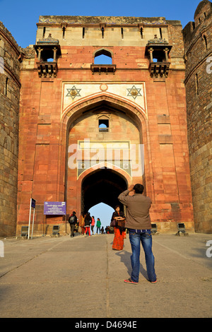 entrance of the old fort known as purana quila delhi,tourists in old ...