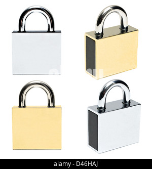 Three steel padlocks side by side, isolated on white background, side ...