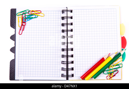 Open notebook, pen and pins on pink background Stock Photo - Alamy