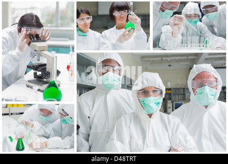 Chemistry and chemical research. Collage of laboratory glassware and ...