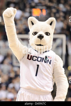 Jonathan the Husky, the mascot of UConn in the second half of an NCAA ...