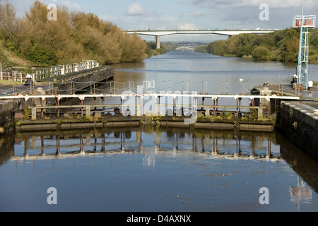 In Barton Locks with M60 motorway Barton High Level Bridge behind on ...