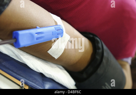 A cannula inserted into the arm of a blood donor Stock Photo: 49132227 ...