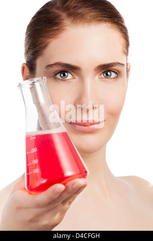 Positive scientist holding a lab flask Stock Photo - Alamy