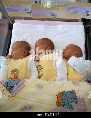 Triplets Emma (L-R), Hermine and Ben sleep in their bed at ...