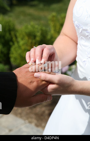 Groom putting a wedding ring on bride's finger outdoor Stock Photo - Alamy