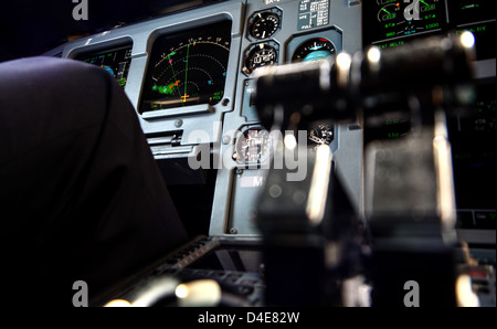 View of cockpit in air plain Airbus A320. Hand of pilot on engine ...