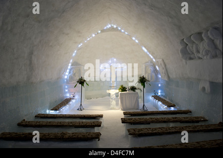 The interior of the Ice Chapel, at the Ice Hotel, at Balea Lac, in the ...