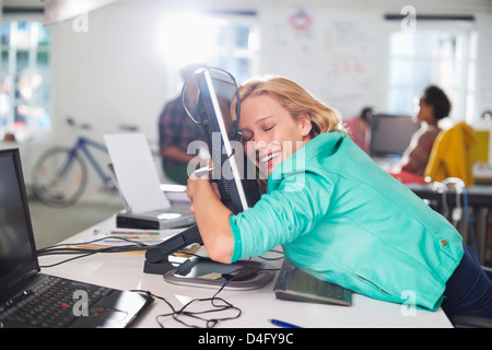 Businesswoman hugging laptop. Love to computer concept. Attractive ...
