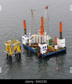 An aerial photo shows the Offshore wind farm Alpha Ventus in the Stock ...