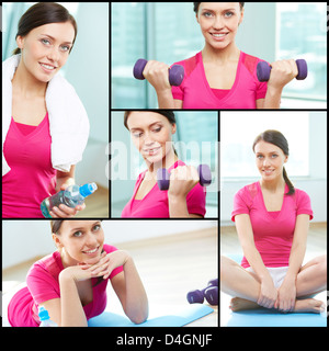 Collage of a smiling fit woman lifting weights and relaxing with ...