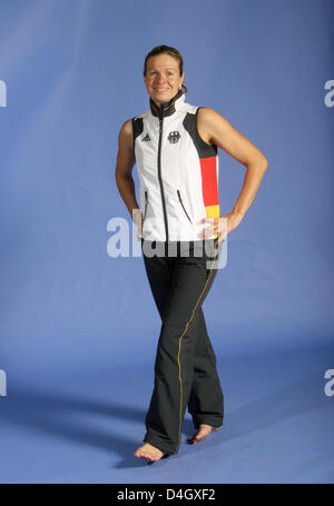 German long distance swimmer Angela Maurer poses during the outfitting ...