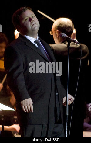 Paul Potts performing on stage in Maldon, Essex, UK. Welsh male ...