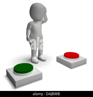 Choice Of Pushing Buttons 3d Character Shows Indecision Stock Photo - Alamy