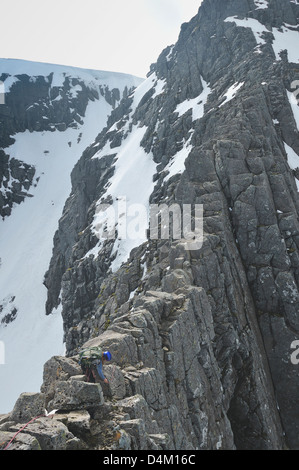 Climber on Tower Ridge, Ben Nevis, a classic route. She is near the ...
