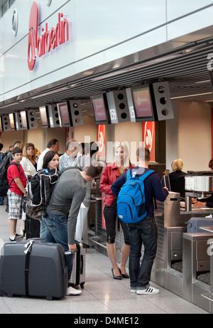 Duesseldorf, Germany, ground staff at airberlin check-in desk at the ...