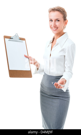 Businesswoman holding paper holder Stock Photo - Alamy
