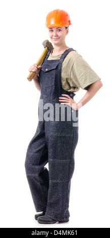 woman laborer in protective helmet and boilersuit hold shovel on orange ...