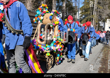 Children celebrating Chalandamarz, Zernez, Lower Engadine, Graubünden ...