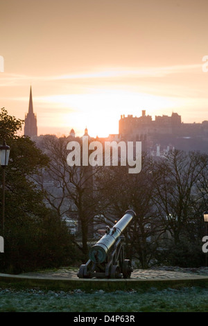 Trees with the silhouette of Edinburgh Castle behind them ca. 1934 ...