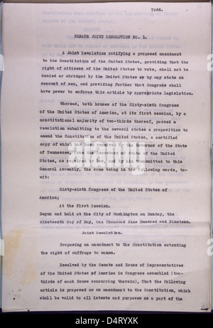 A historical document showing the ratification of the 19th Amendment ...