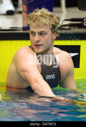 German swimmer Steffen Deibler cheers after the finale of 50 meters ...