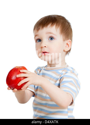 Little boy with red apple, isolated on white Stock Photo - Alamy
