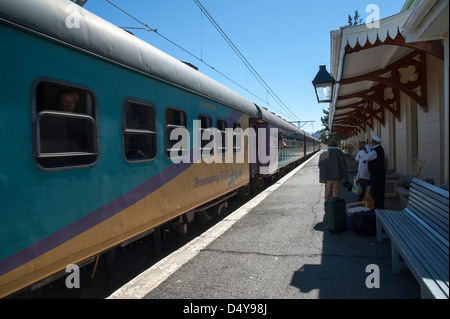 The Shosholoza Meyl train arrives at Matjiesfontein Station in the ...