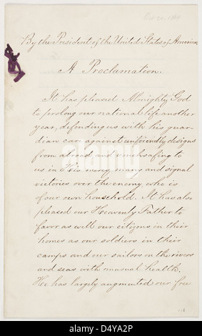 President Lincoln’s Thanksgiving Day Proclamation of 1864 is shown here ...