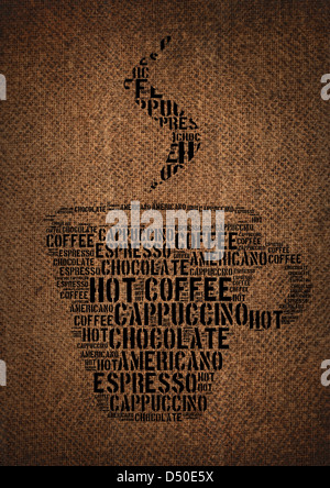 Typographic symbol cup of coffee printed on burlap Stock Photo - Alamy