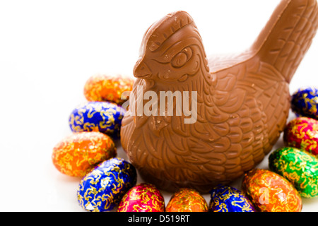 Chocolate chicken prepared for Easter on a white background Stock Photo ...