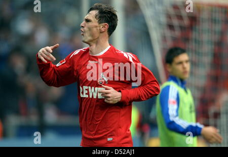 Cologne's Milivoje Novakovic celebrates his 1-0 goal during the German ...