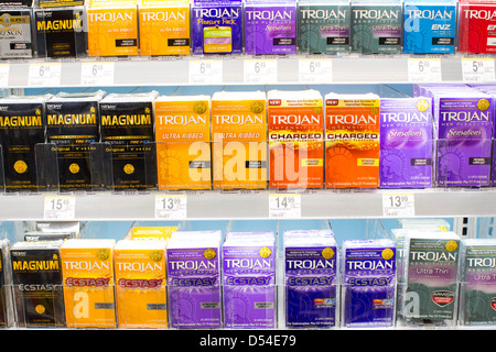 Trojan condom products on display at a Walgreens Flagship store Stock ...