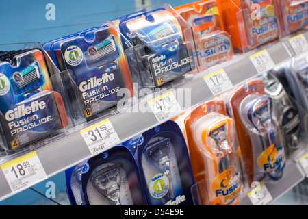 A display of Gillette shaving products on supermarket shelves Stock ...