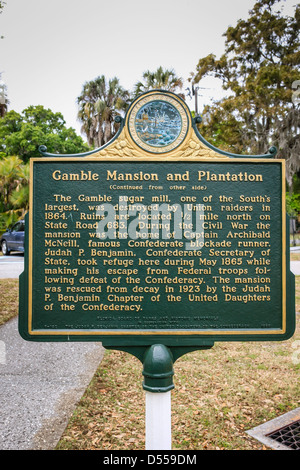 The Gamble Mansion and Plantation historical placard in the town of ...
