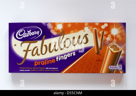 Box of Cadbury Fabulous praline fingers opened to show chocolate ...