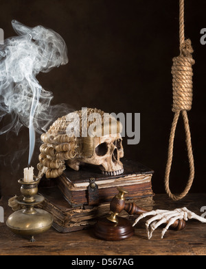 Judge antique gavel. Law symbols. Legal office. Wooden rustic table and ...