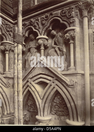 A photograph of niche sculptures on the west facade of Wells Cathedral ...
