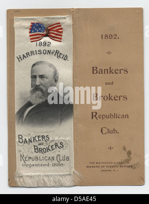 A 1892 campaign ribbon from the Harrison-Reid presidential race ...